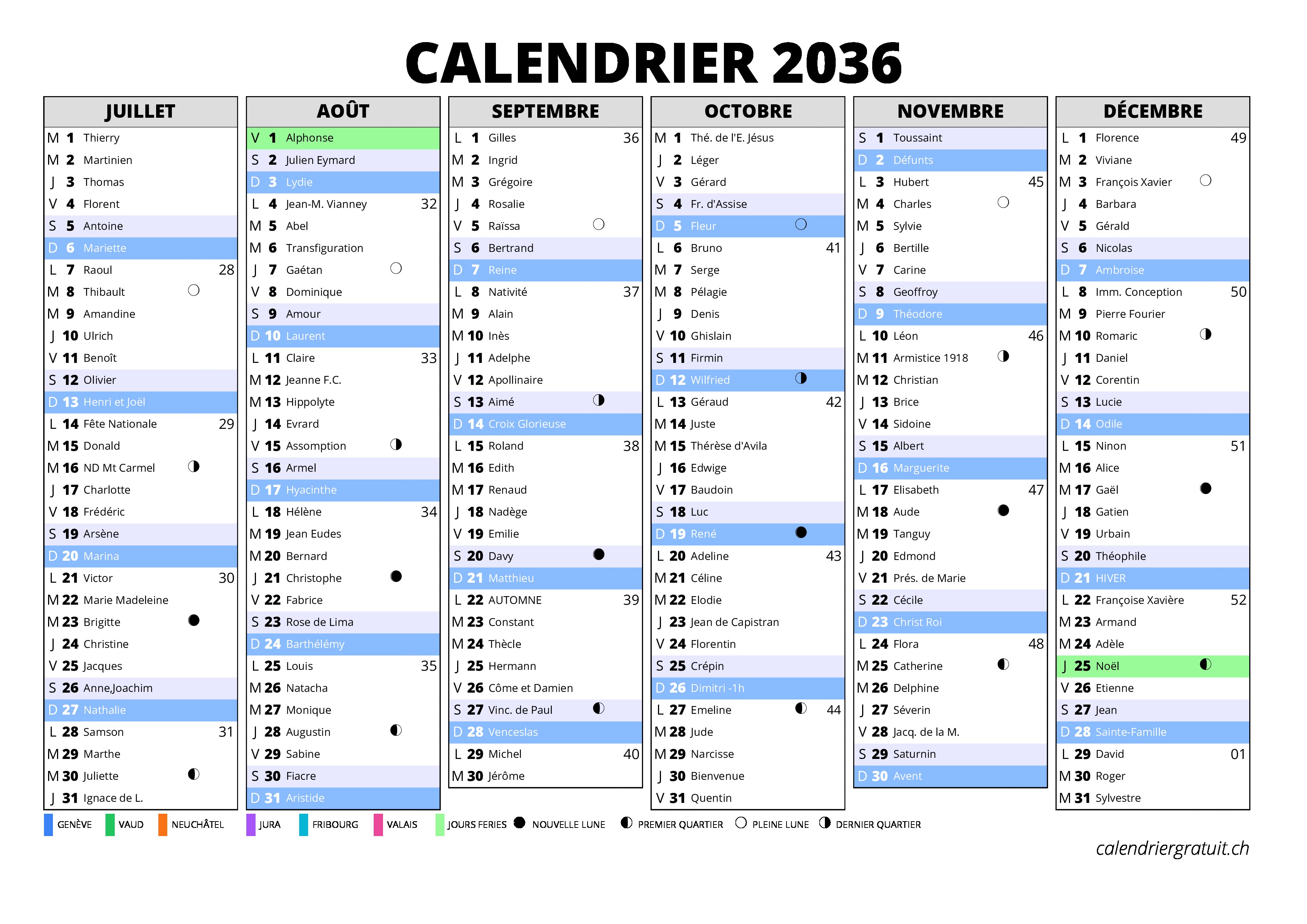 Calendrier 2036 | calendriergratuit.ch