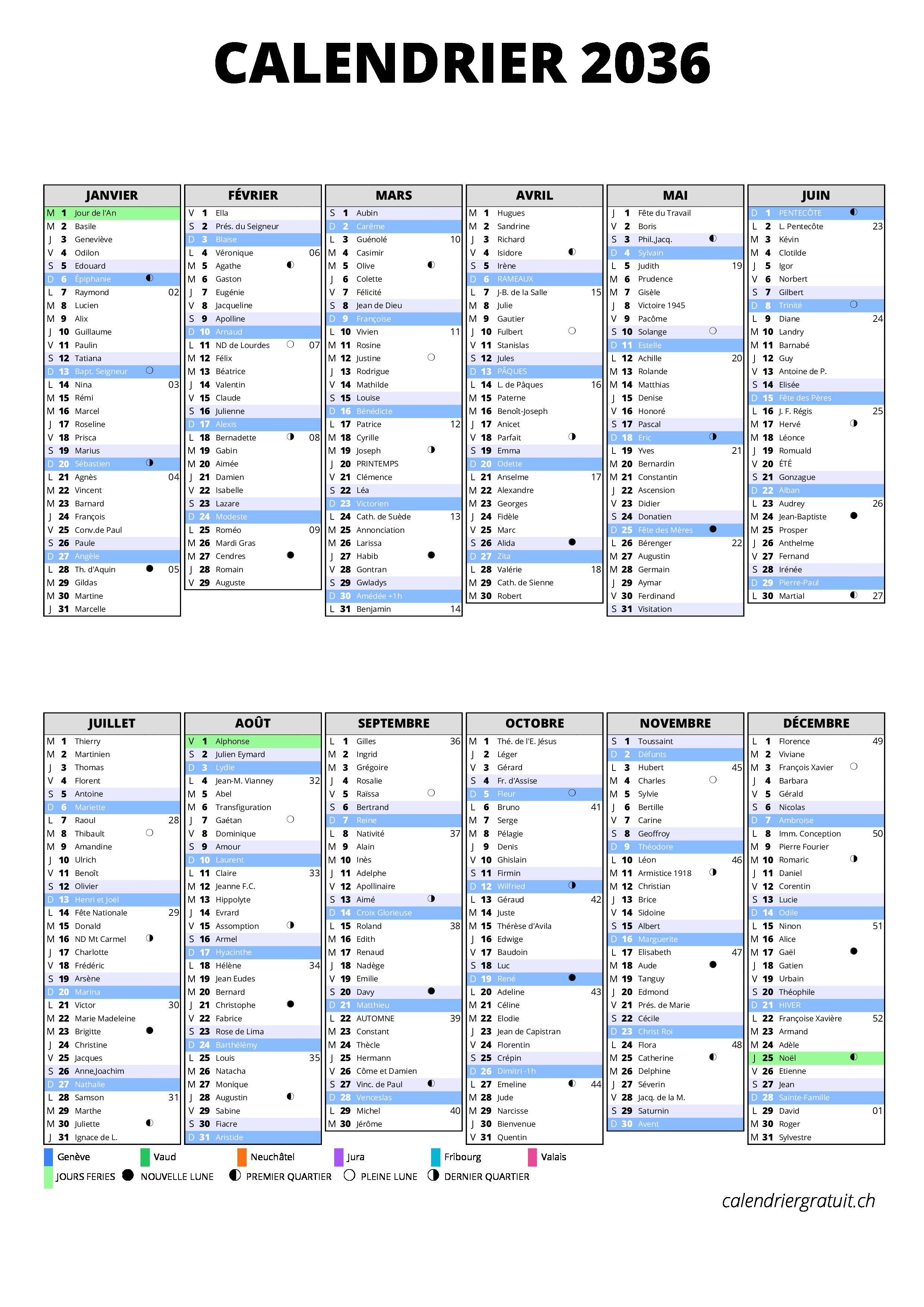 Calendrier 2036 | calendriergratuit.ch