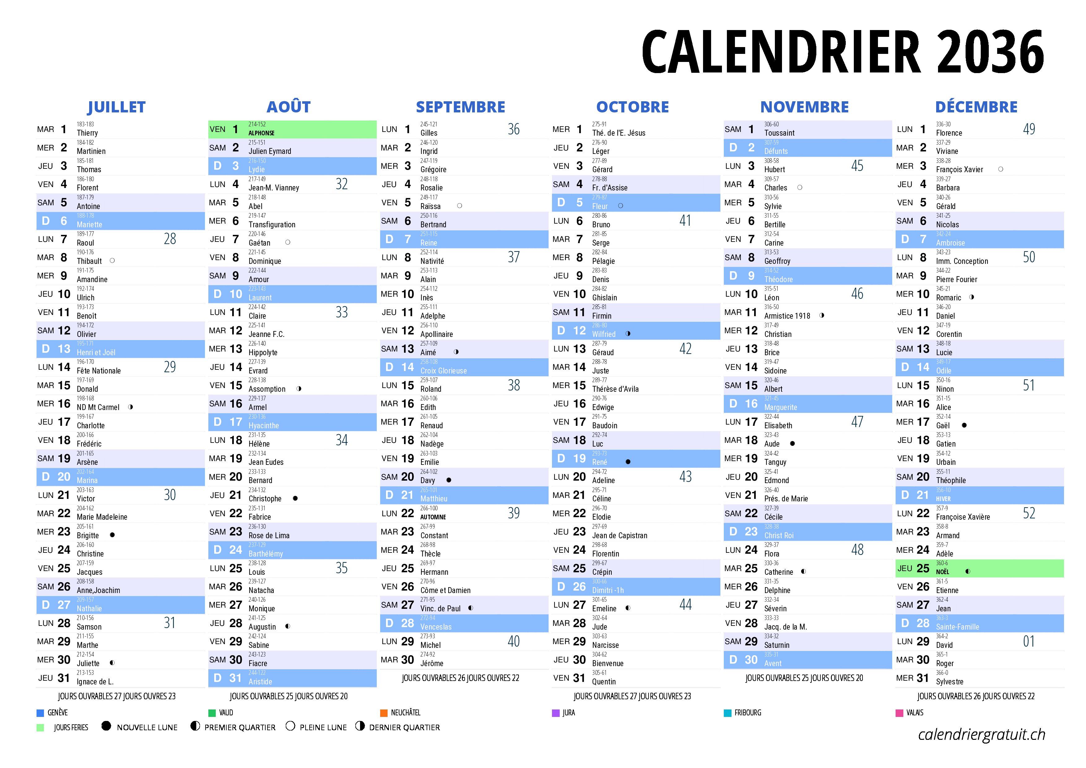 Calendrier 2036 | calendriergratuit.ch