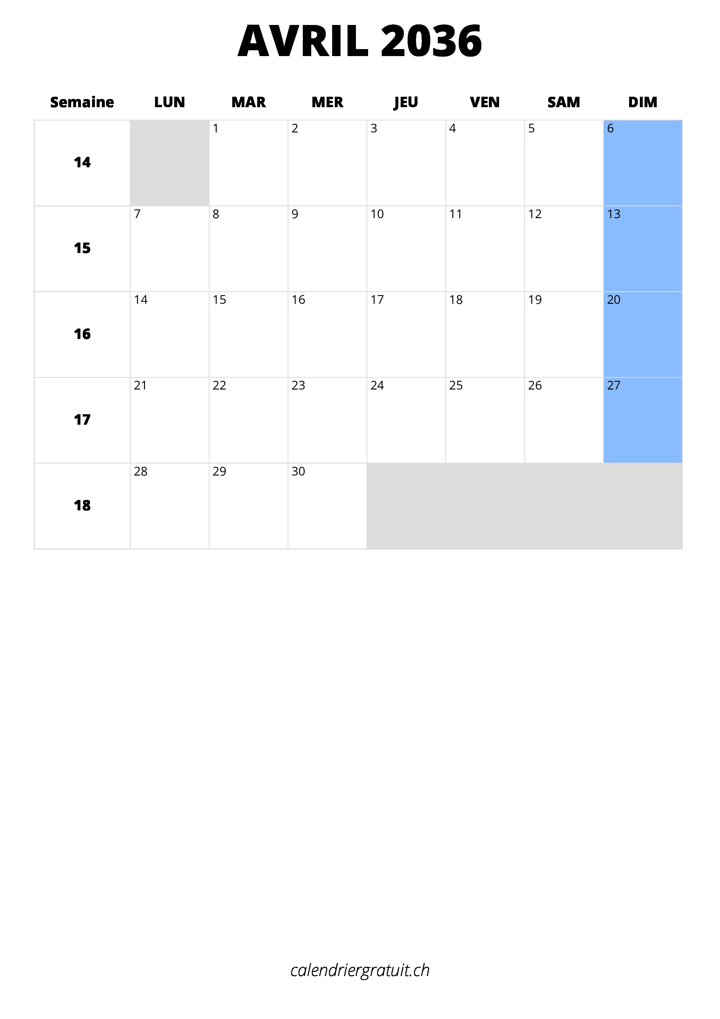 Calendrier avril 2036 | calendriergratuit.ch