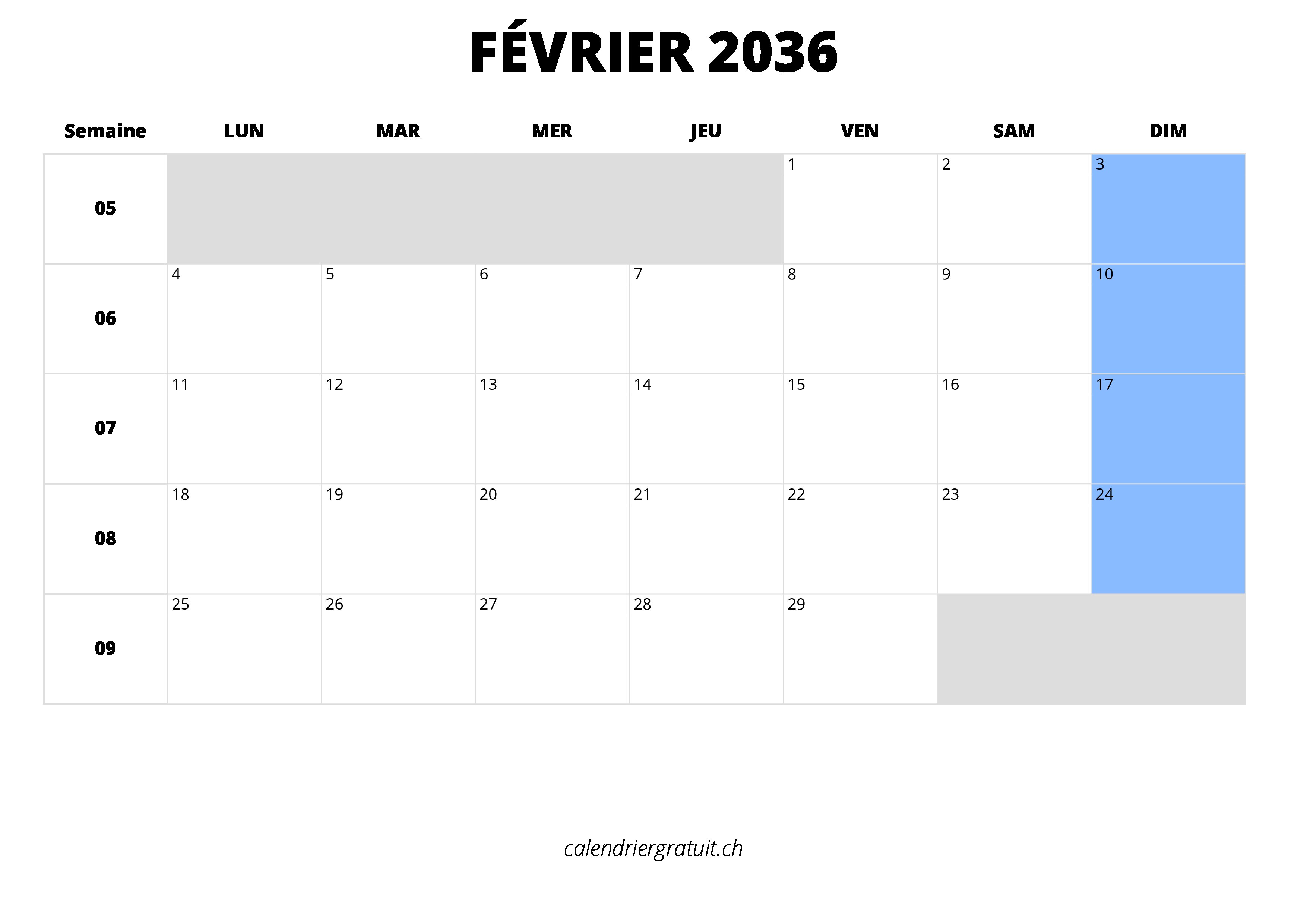 Calendrier février 2036 | calendriergratuit.ch